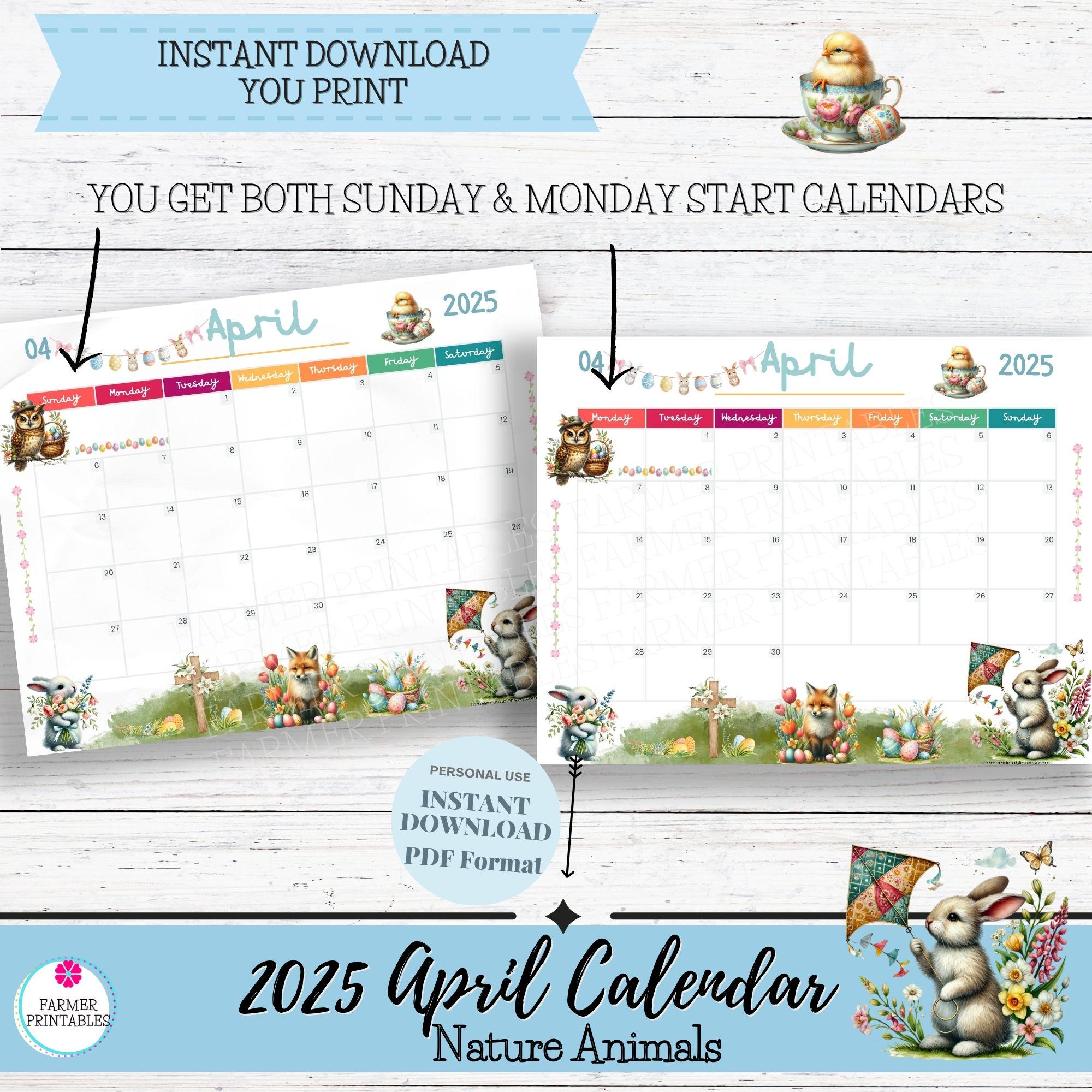April 2025 Calendar Printable, Nature Animals Calendar 2025, Calendar ...