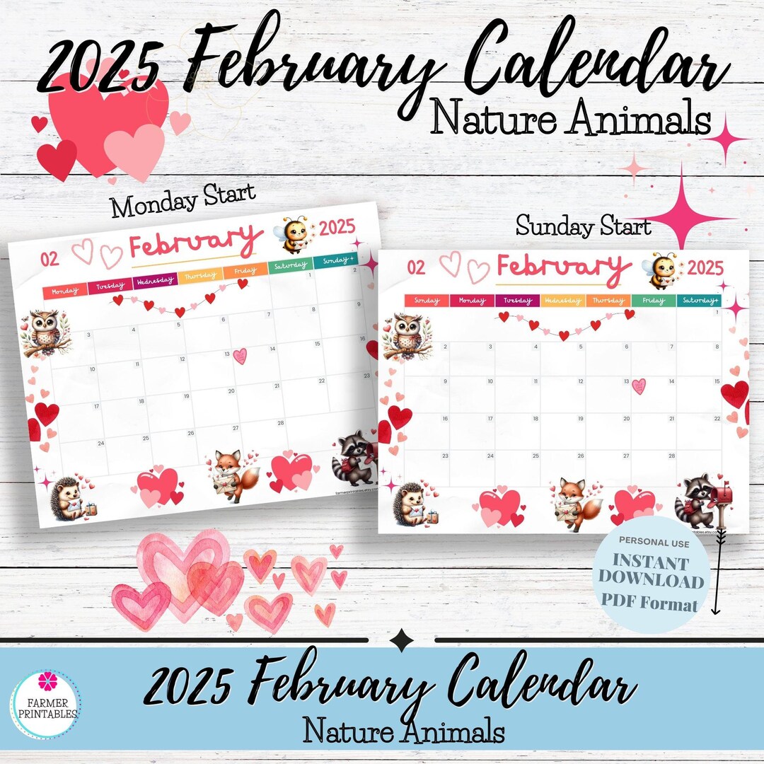February 2025 Calendar Printable: Nature Animals, Homeschool (digital ...