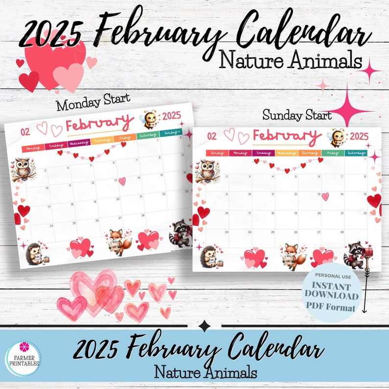 February 2025 Calendar Printable: Nature Animals, Homeschool (digital ...
