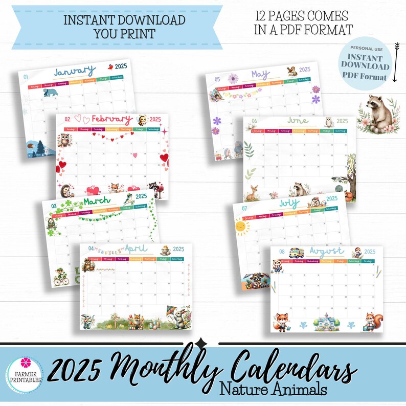 2025 Calendar Printable for Teacher Cute, Nature Animals Calendar 2025 ...