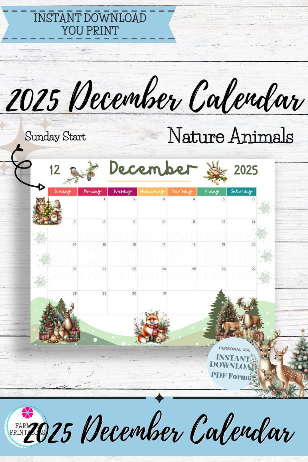 December 2025 Calendar Printable, Nature Animals Calendar 2025 ...