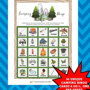 Camping Bingo Game, 30 Game Boards, 5x7 & Full Sheet, Game Pieces, Call ...