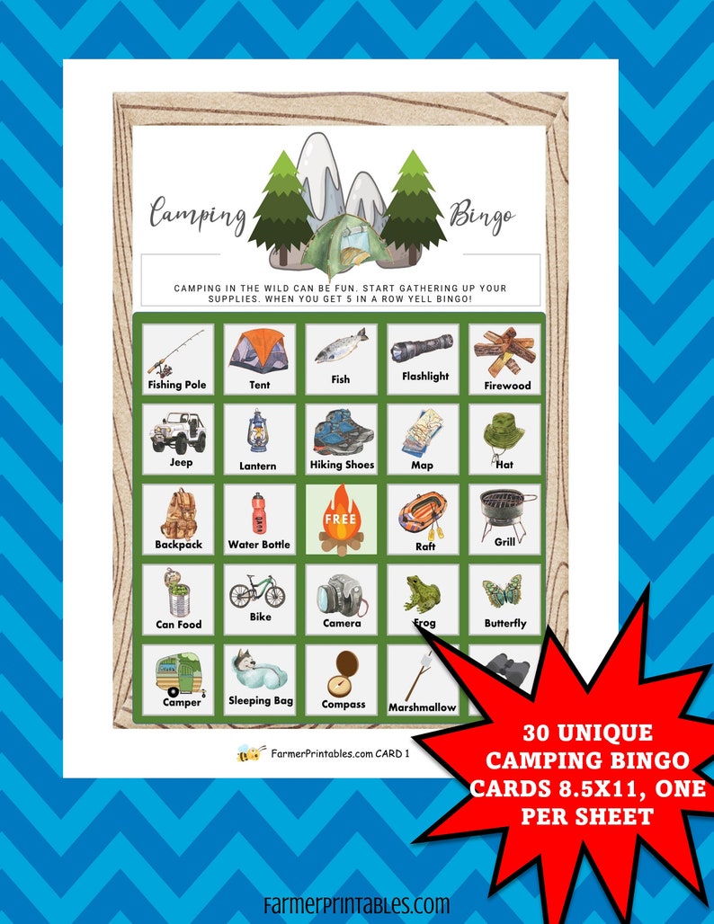 Camping Bingo Game, 30 Game Boards, 5x7 & Full Sheet, Game Pieces, Call ...