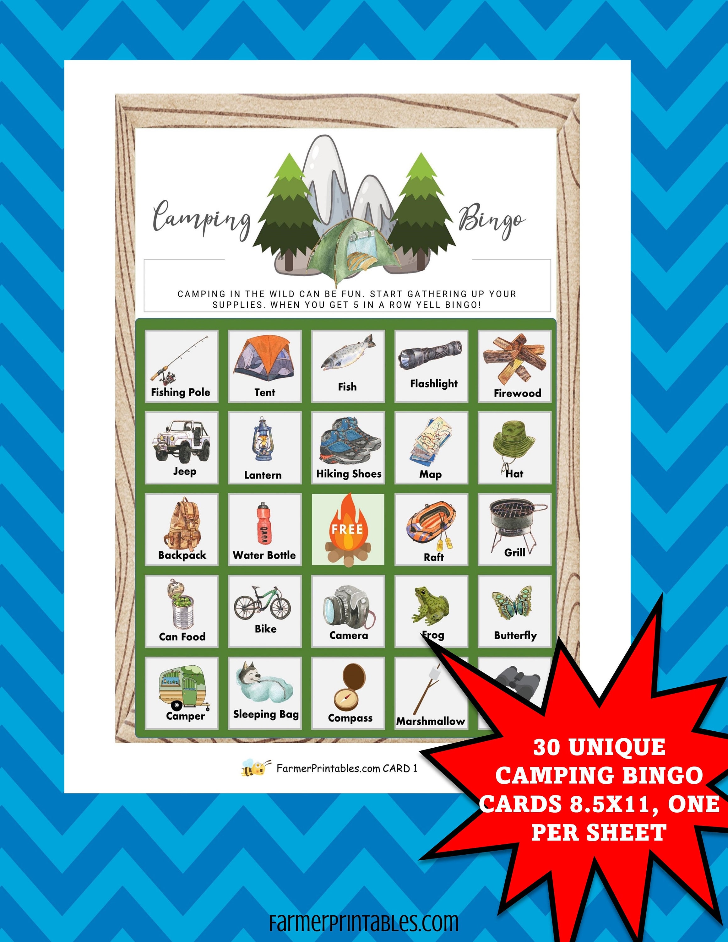 Camping Bingo Game, 30 Game Boards, 5x7 & Full Sheet, Game Pieces, Call ...