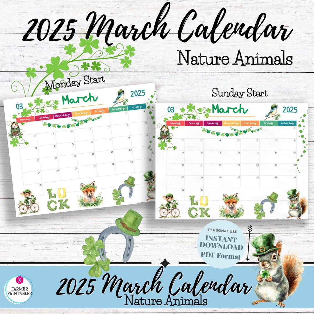 March 2025 Calendar Printable, Nature Animals Calendar 2025, Calendar ...