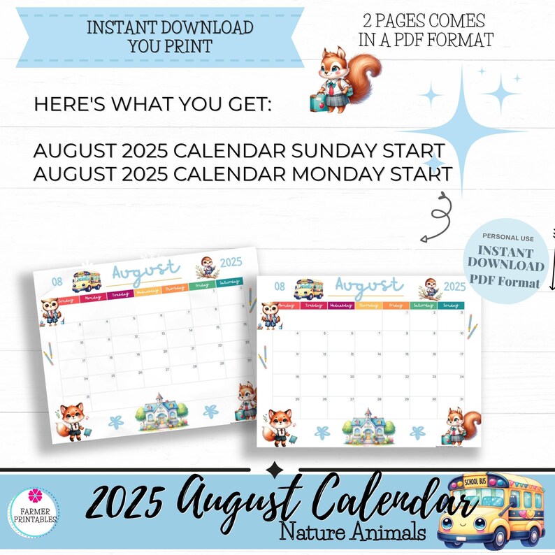 August 2025 Calendar Printable: Nature Animals, Homeschool (PDF ...