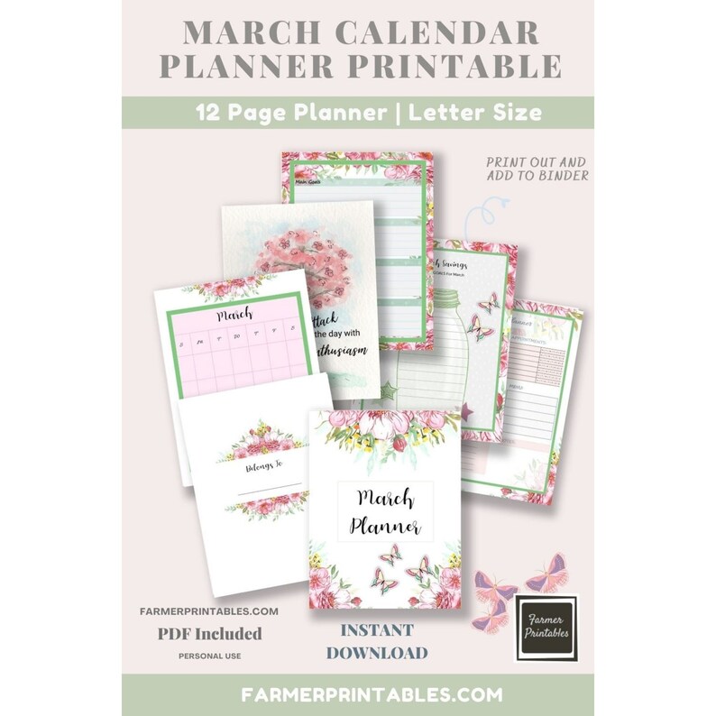 March Calendar Planner Printable: Floral Theme, Undated (digital ...