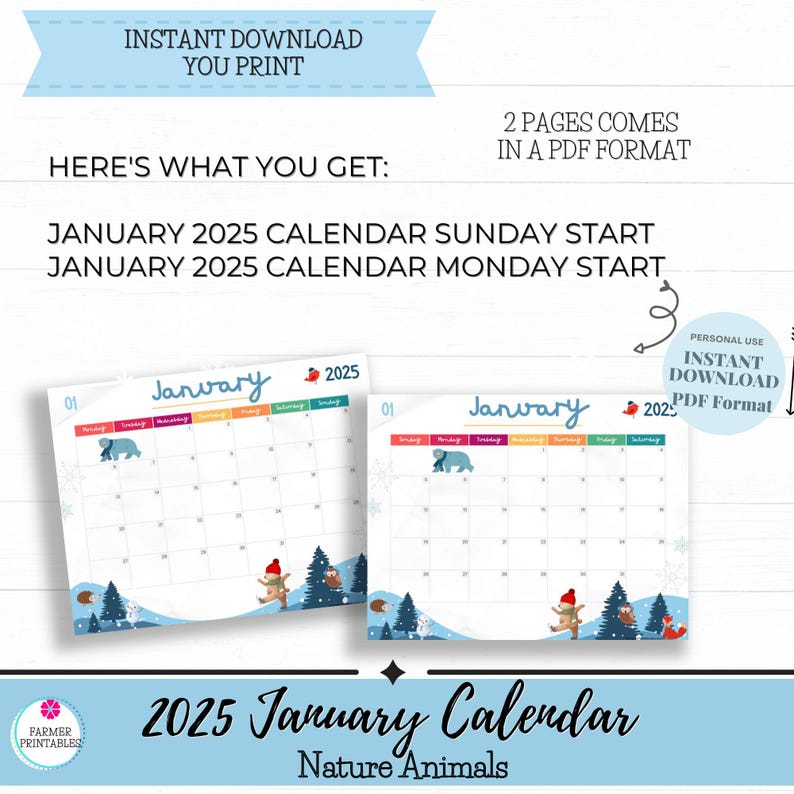January 2025 Calendar Printable: Nature Animals, Homeschool (digital ...