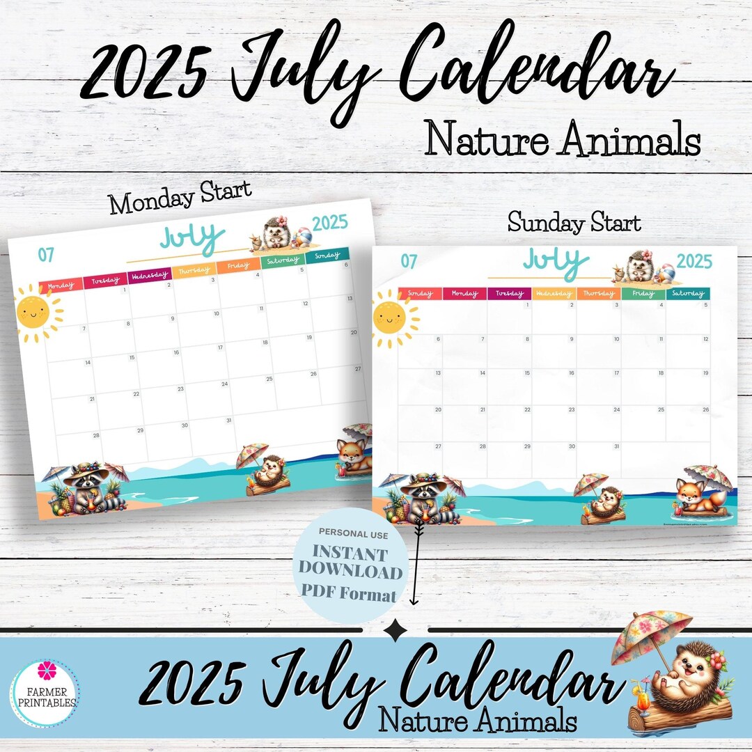 July 2025 Calendar Printable, Nature Animals Calendar 2025, Calendar ...