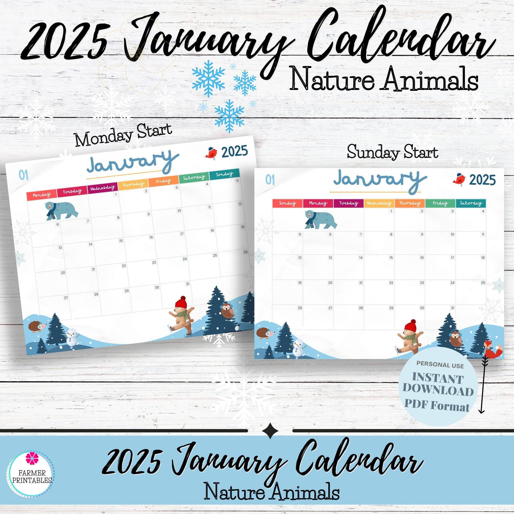 January 2025 Calendar Printable: Nature Animals, Homeschool (digital ...