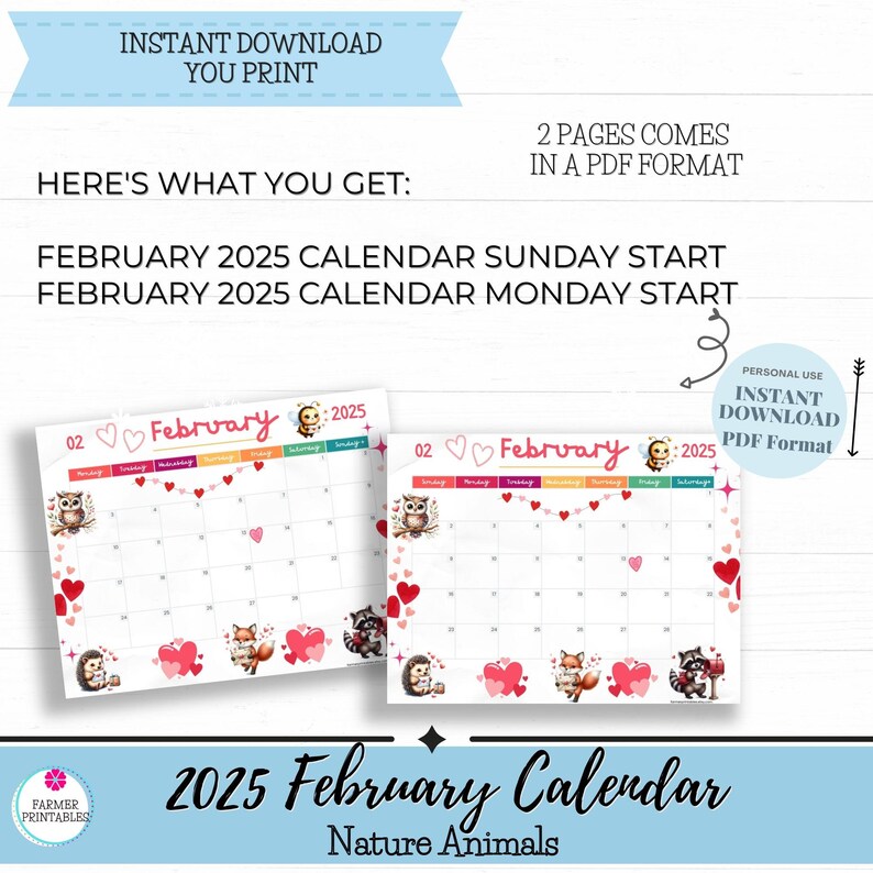 February 2025 Calendar Printable: Nature Animals, Homeschool (digital ...