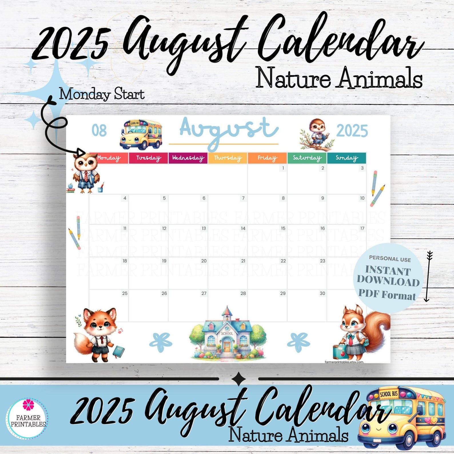 August 2025 Calendar Printable: Nature Animals, Homeschool (PDF ...