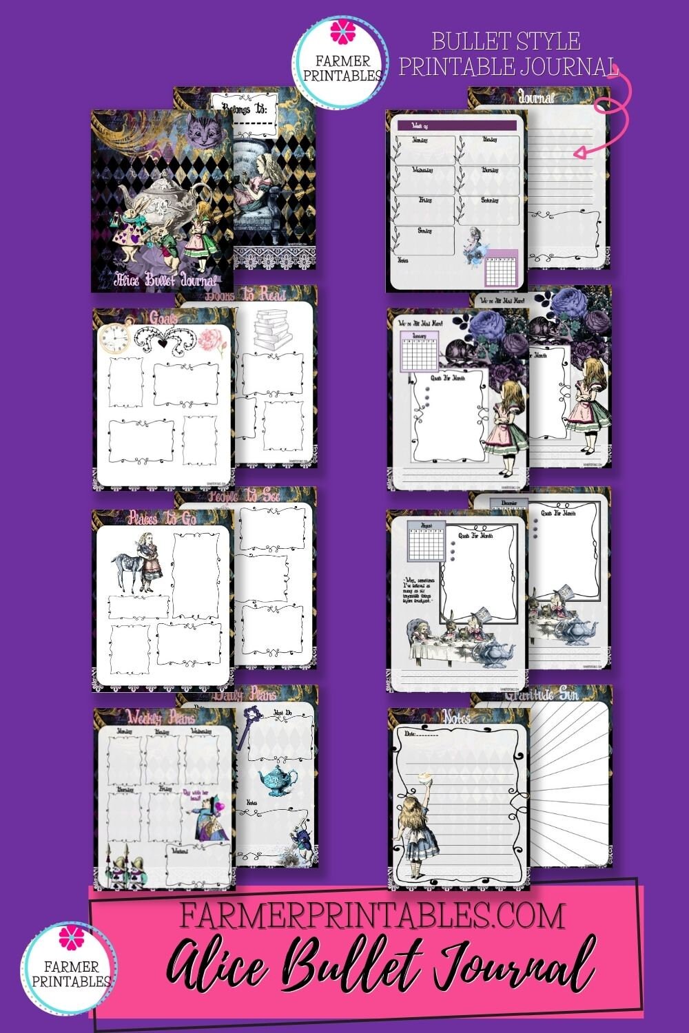 Alice in Wonderland Printable Journal, Bullet Journal Undated Calendar ...