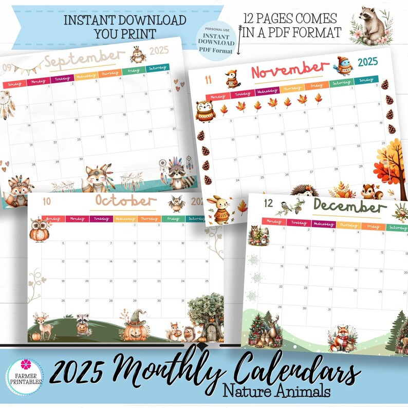 Printable Animal Calendar 2025, Nature Animals, Cute Kids Monthly ...