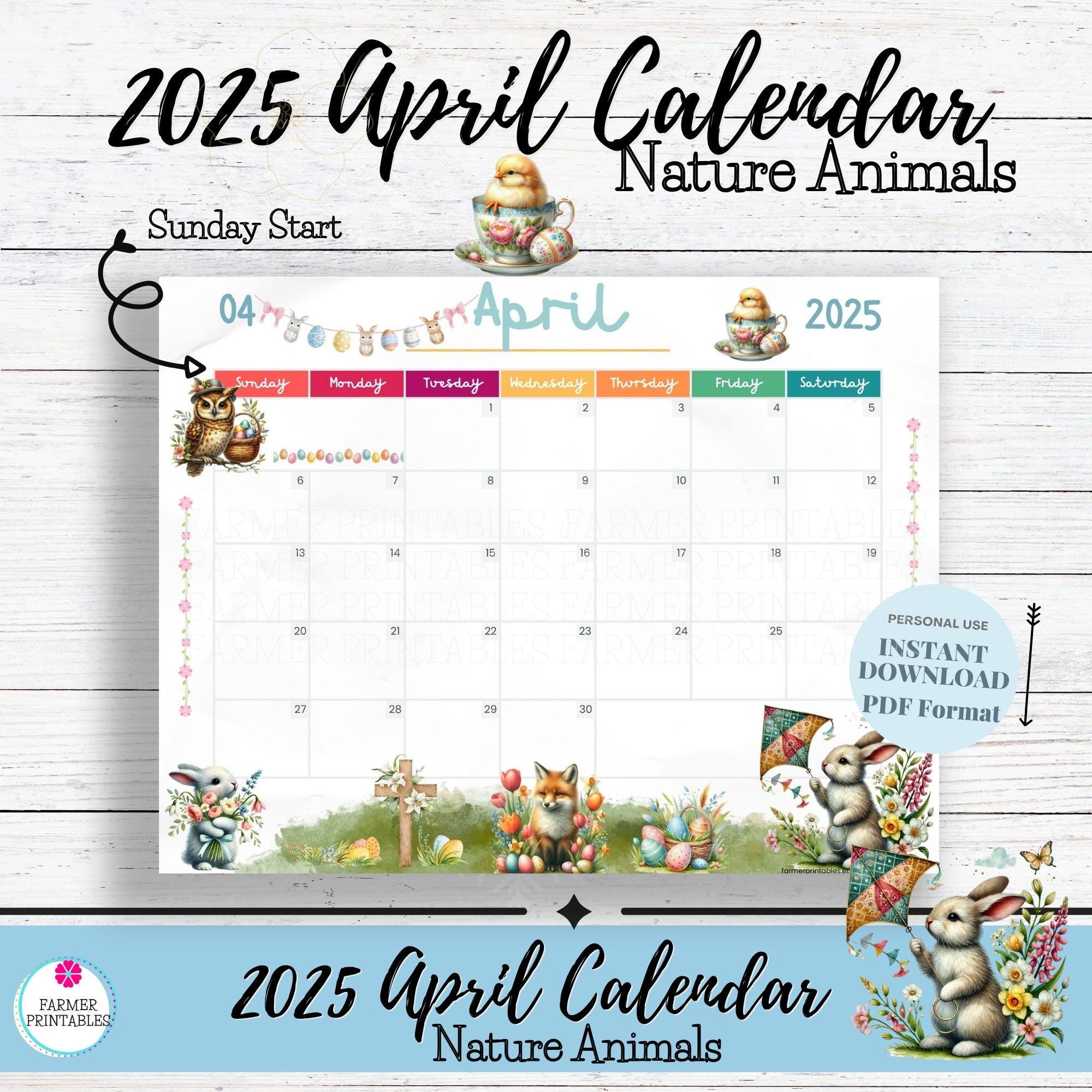 April 2025 Calendar Printable, Nature Animals Calendar 2025, Calendar ...
