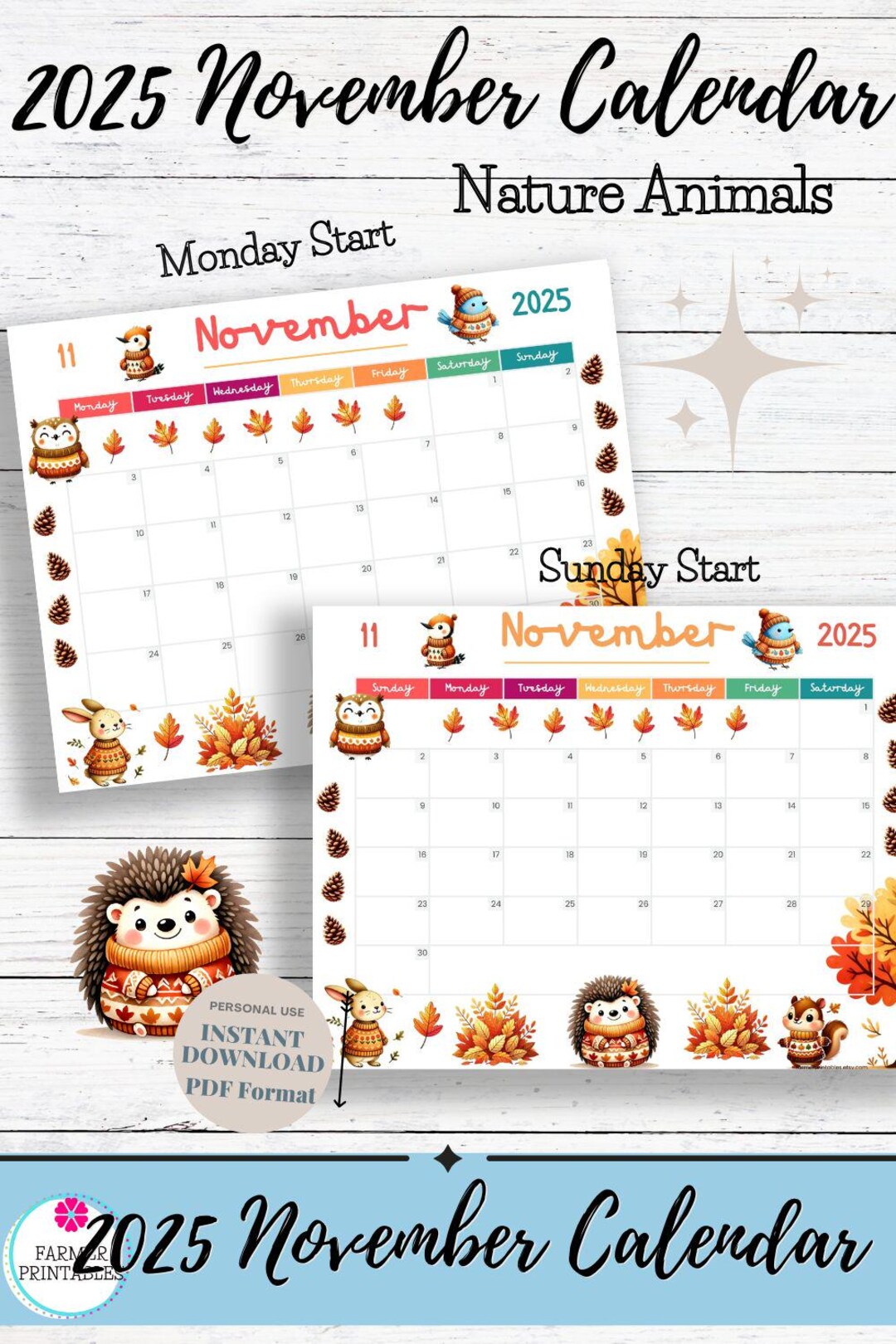 November 2025 Calendar Printable: Nature Animals, Homeschool (digital ...