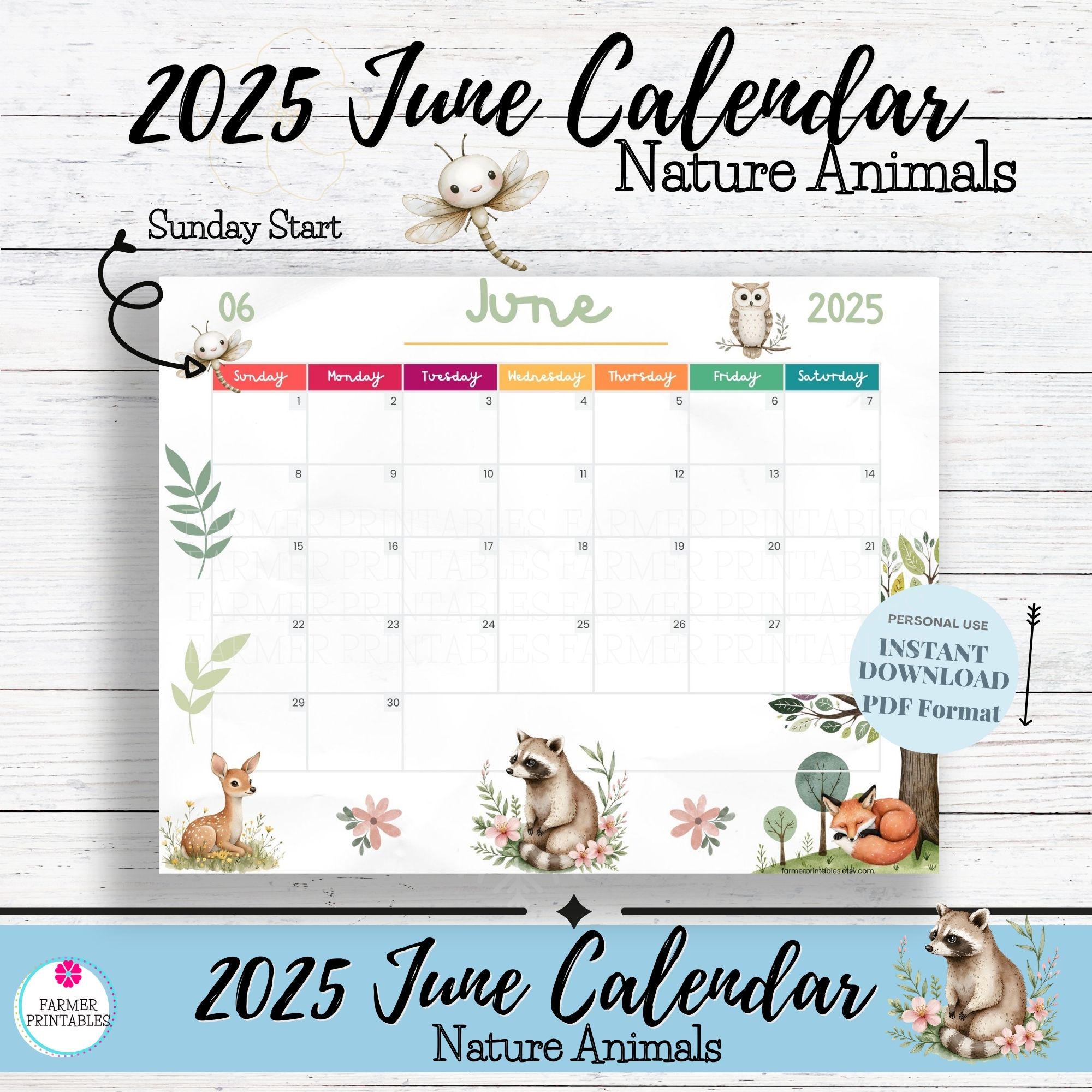 June 2025 Calendar Printable, Nature Animals Calendar 2025, Calendar ...