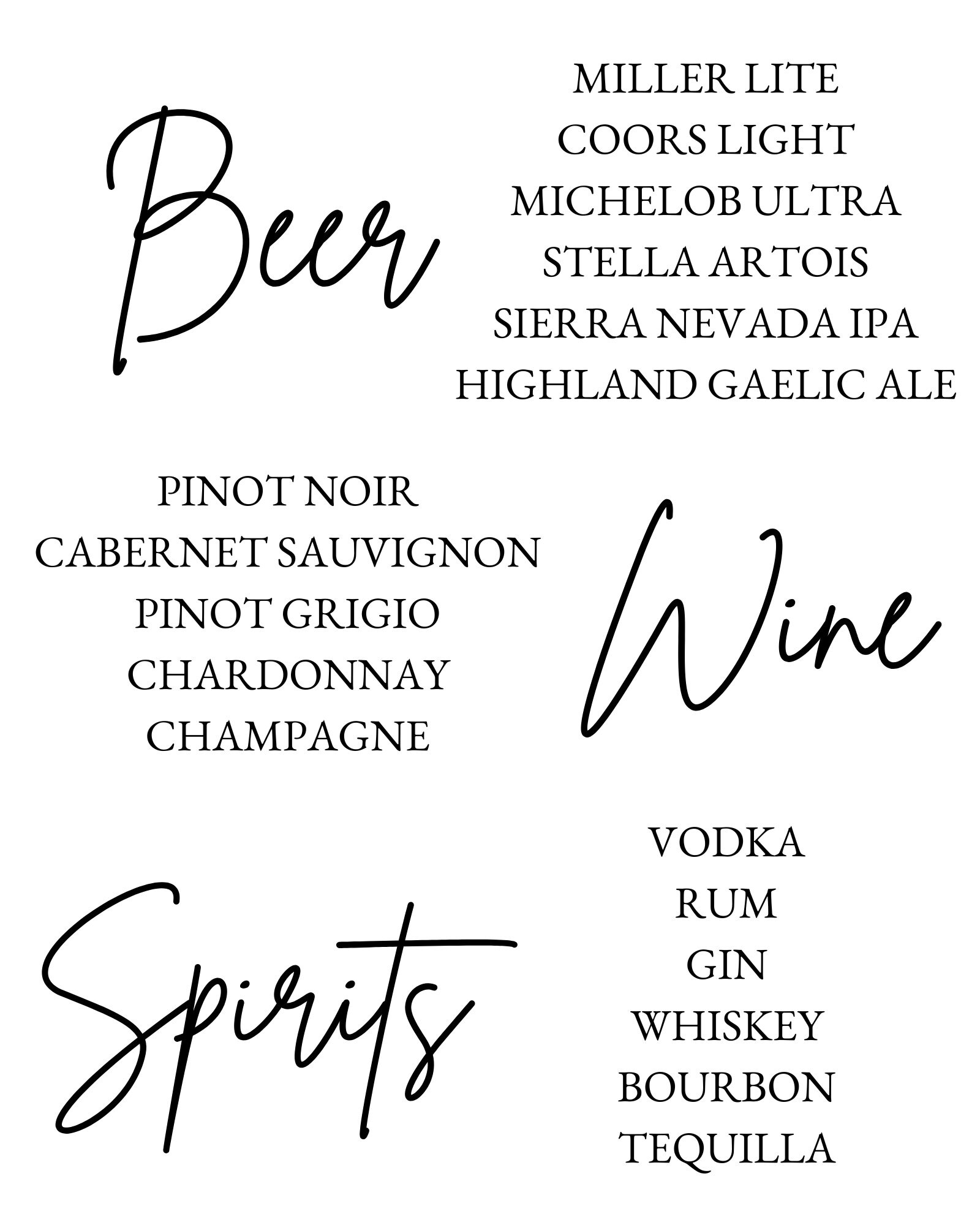 Custom Wedding Bar Sign, Custom Drink Bar Sign, Custom Alcohol List ...