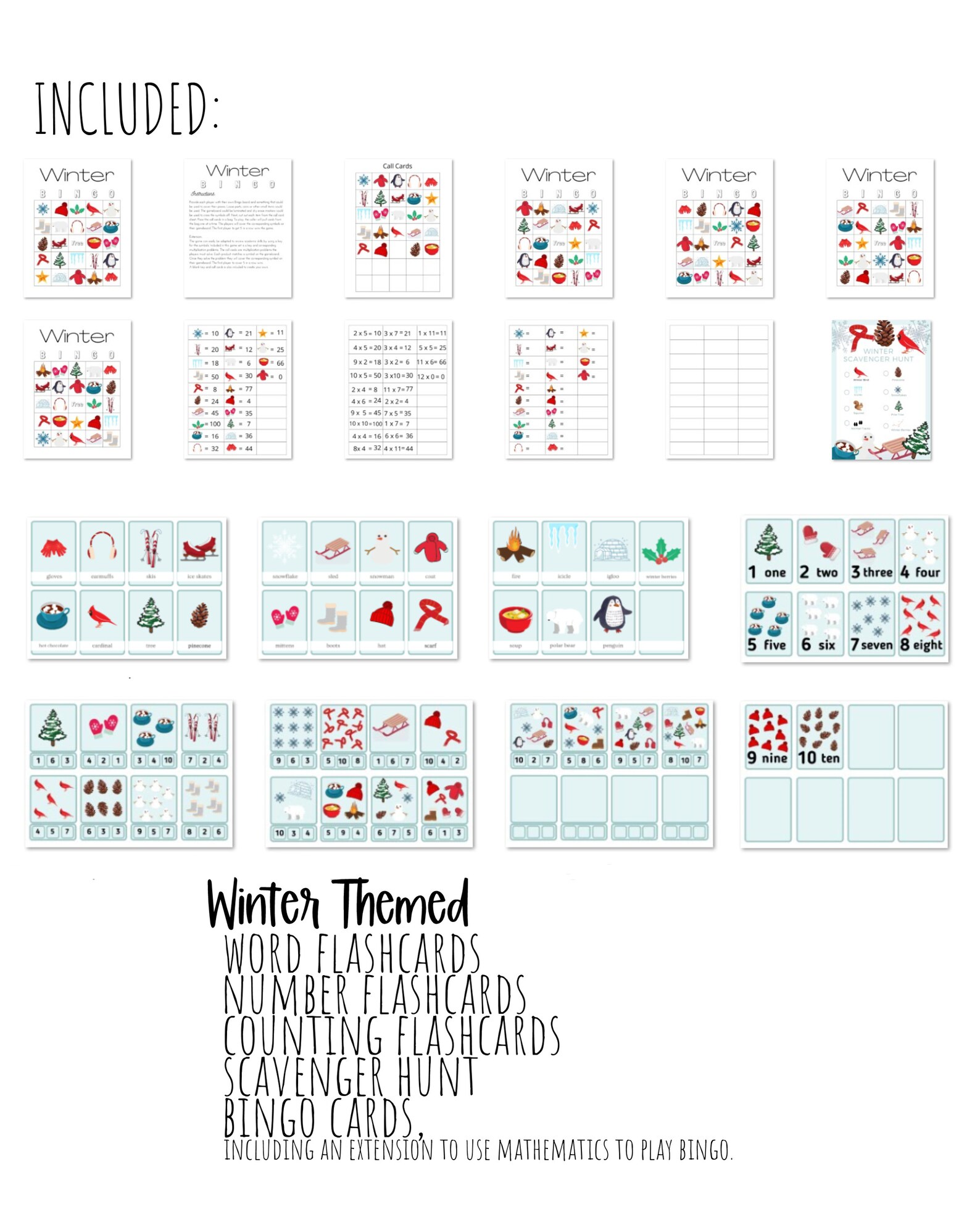 Winter Printable Bundle, Counting Flashcards, Bingo, Math Bingo, Winter ...