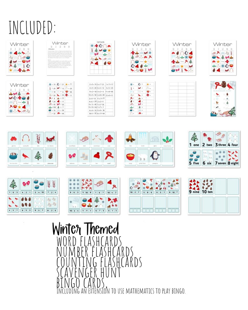 Winter Printable Bundle, Counting Flashcards, Bingo, Math Bingo, Winter ...