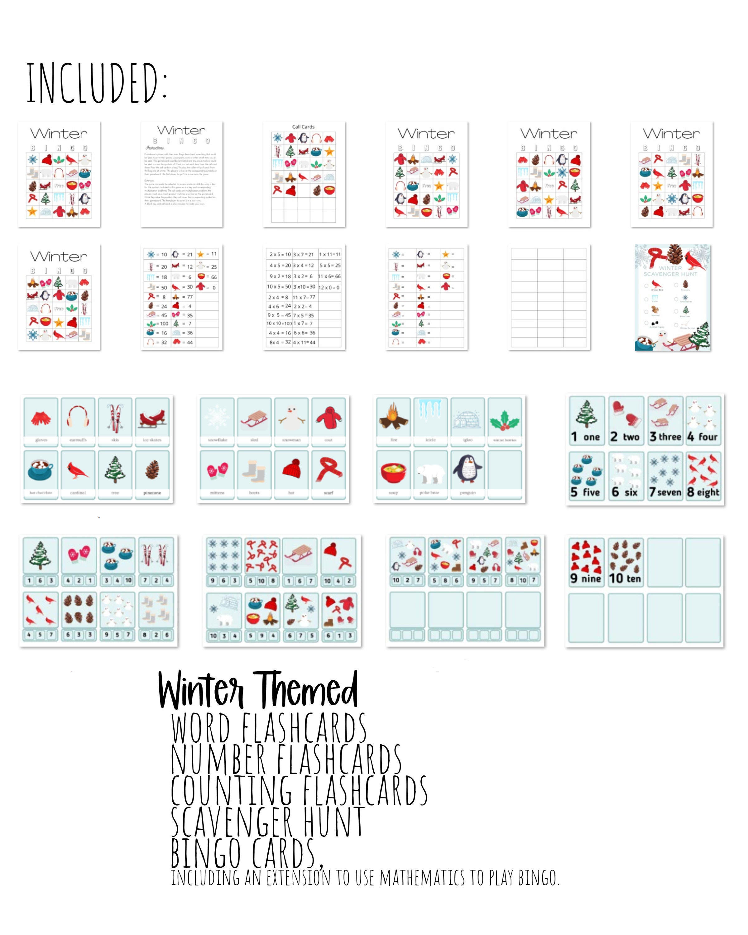 Winter Printable Bundle, Counting Flashcards, Bingo, Math Bingo, Winter ...