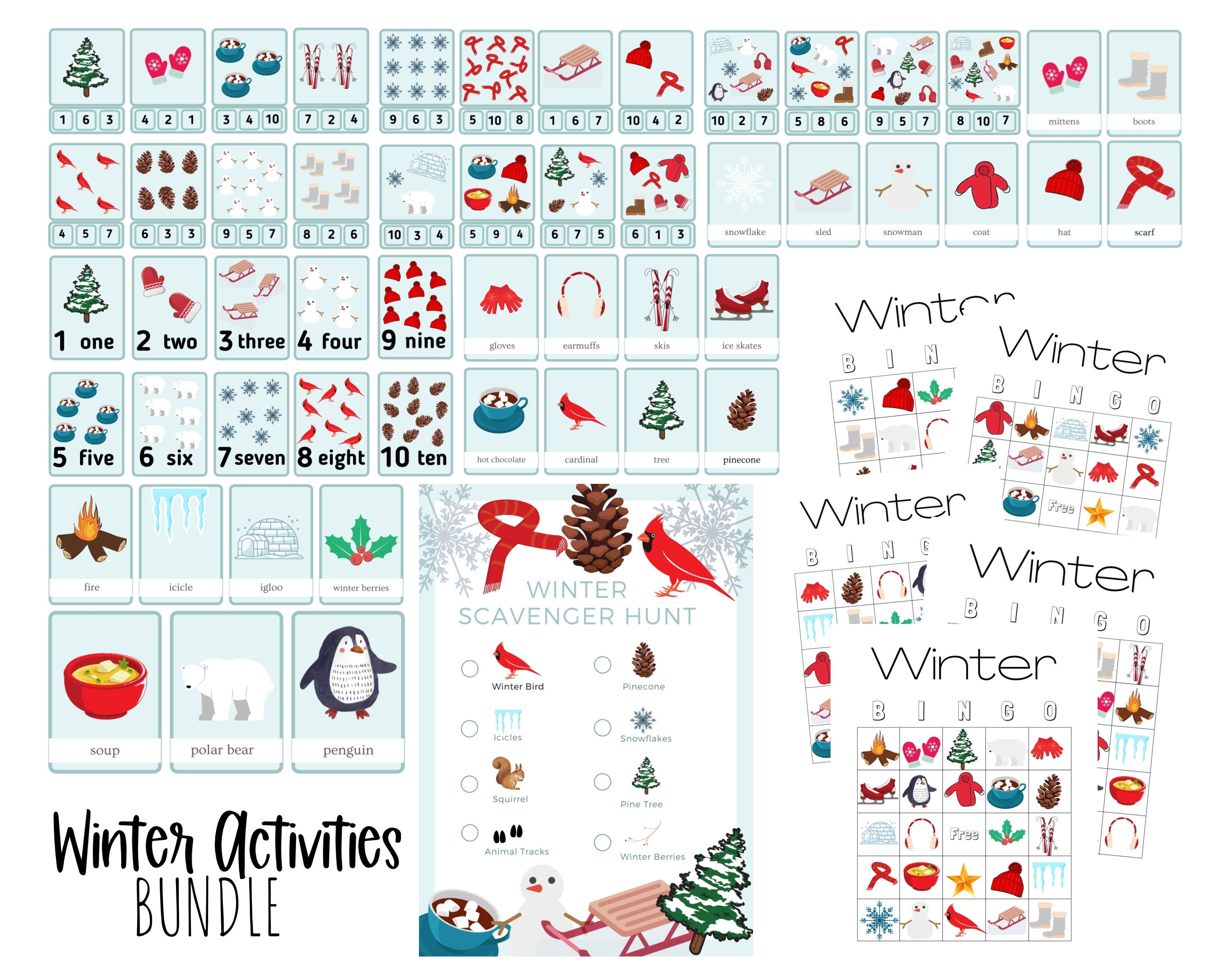Winter Printable Bundle, Counting Flashcards, Bingo, Math Bingo, Winter ...