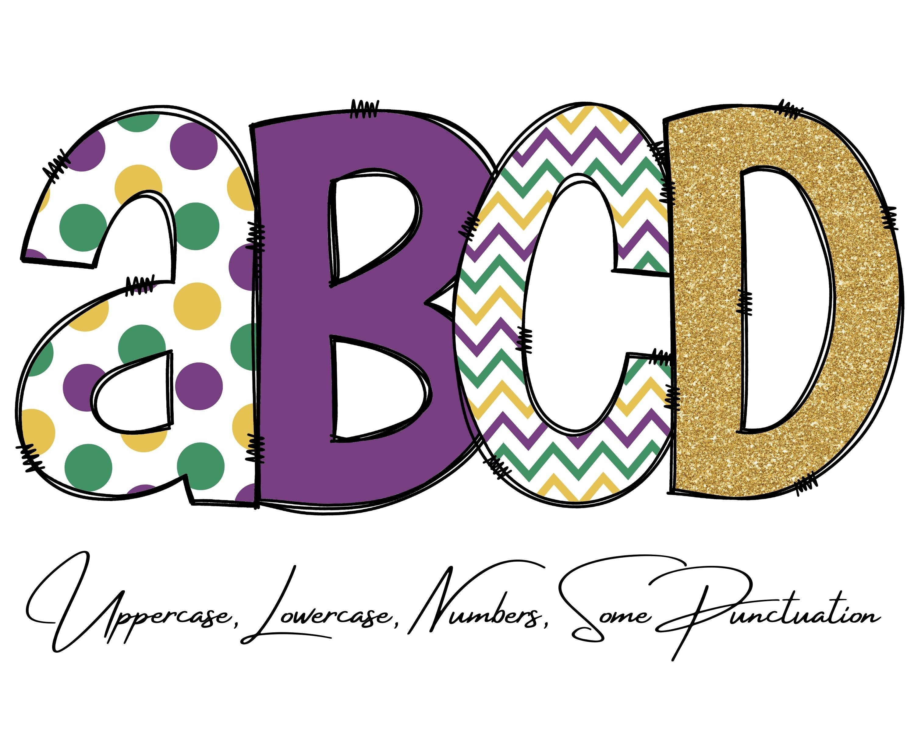 Mardi Gras Doodle Alphabet Clipart, Polka Dot Pattern, Sublimation ...