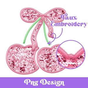 Faux Embroidery Sequin Cherry With Coquette Bow Png, Sublimation Designs, Valentine's Day ...