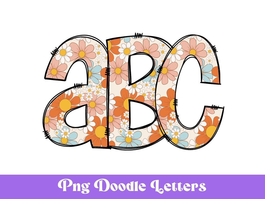 Retro Doodle Alphabet Clipart, PNG Design, Instant Download, Flower ...