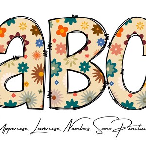 Retro Doodle Alphabet Clipart, PNG Design, Instant Download, Flower ...