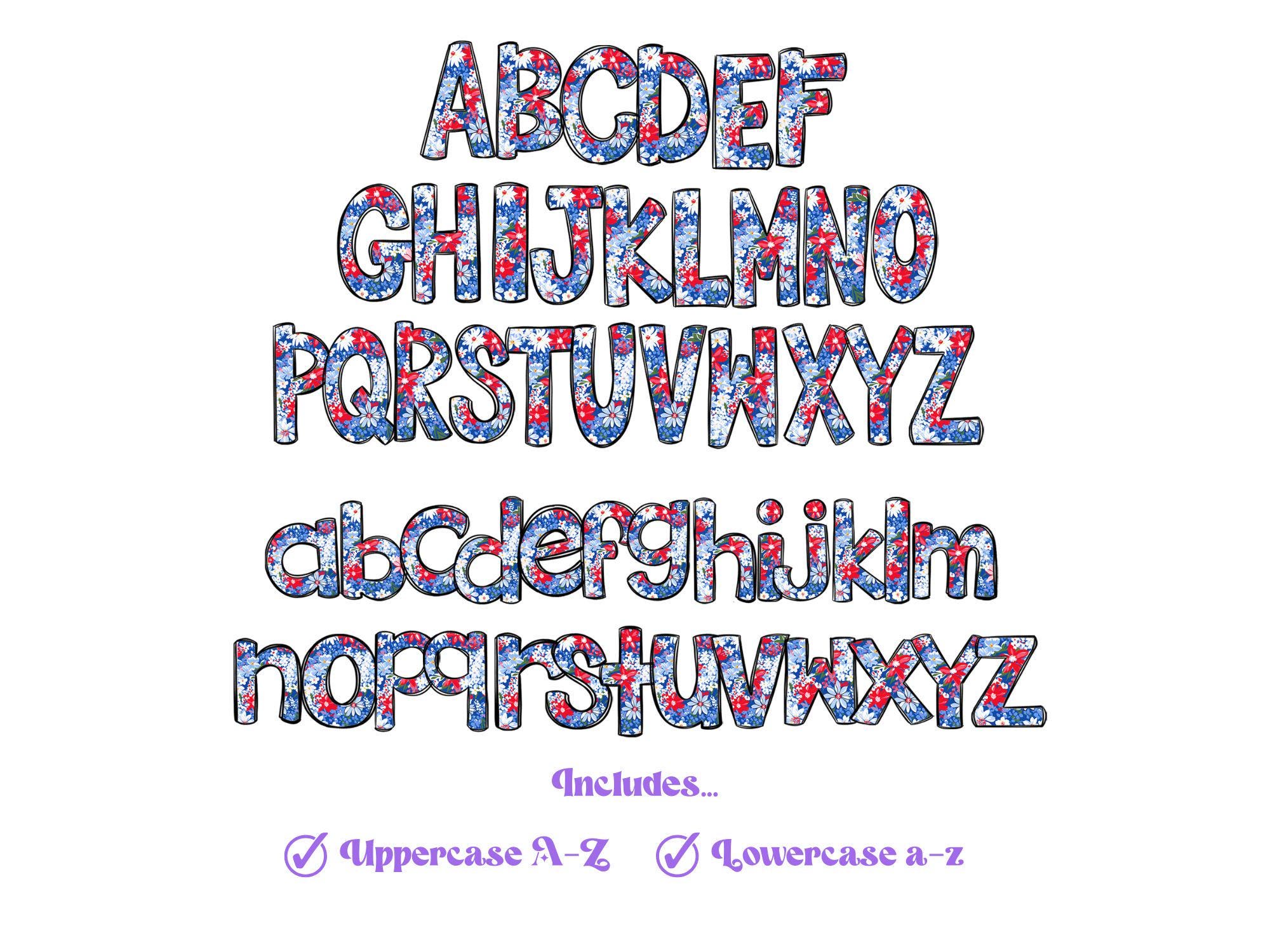 Floral Patriotic Alphabet Clipart: Hand-drawn Doodle Letter Set ...
