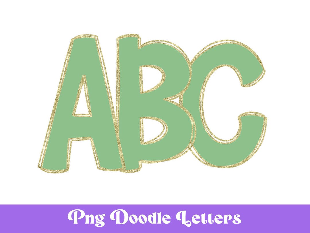Green and Gold PNG Doodle Letters, Sublimation, Alphabet Set Bundle ...