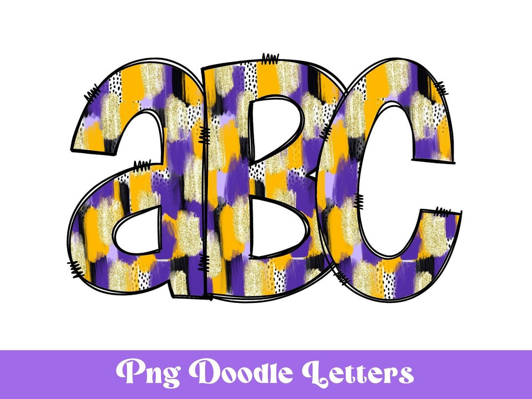 Purple and Yellow Glitter Brush Strokes Doodle Alphabet Clipart ...