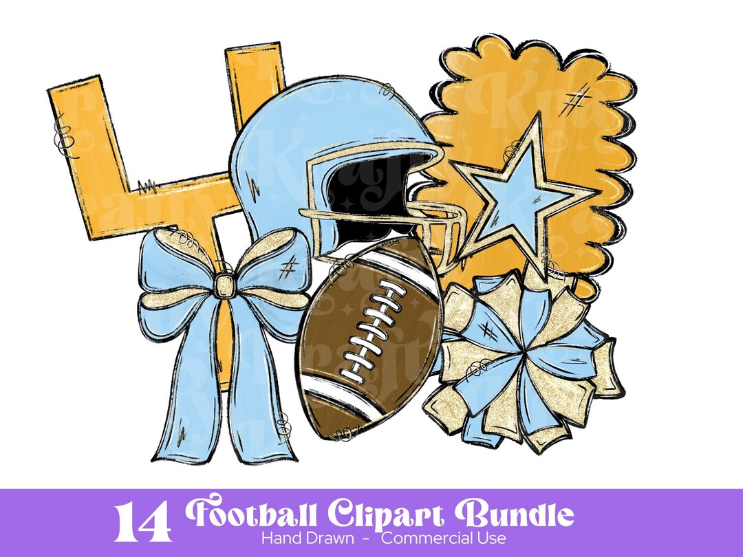 Football Clipart PNG Bundle: Hand Drawn, Light Blue & Gold Glitter ...