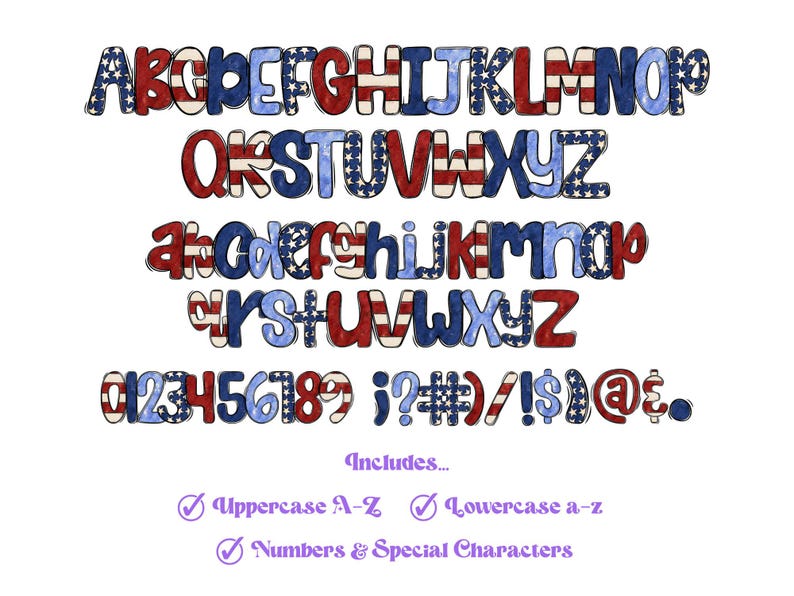 Patriotic Doodle Alphabet Clipart: 4th of July PNG Letters (digital ...