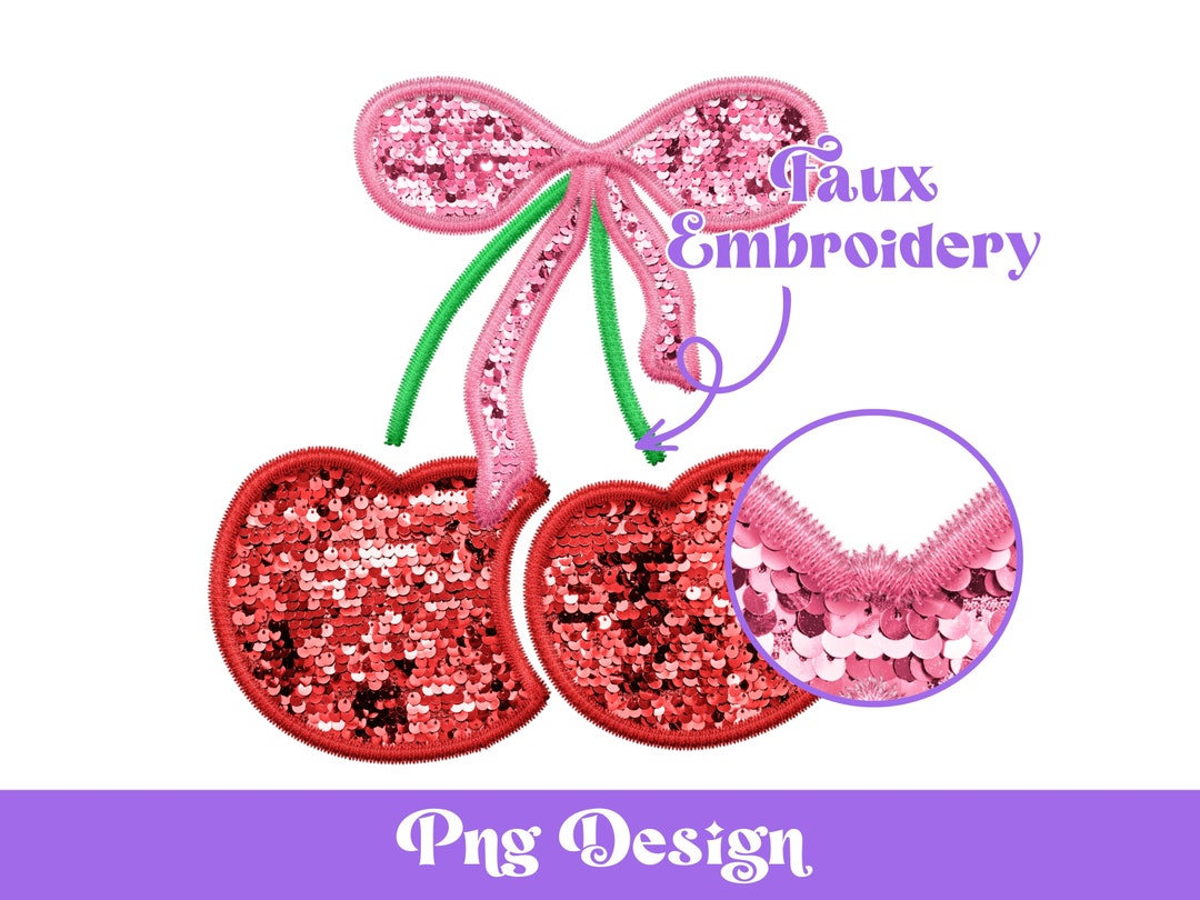 Faux Embroidery Sequin Cherry With Coquette Bow Png, Sublimation ...