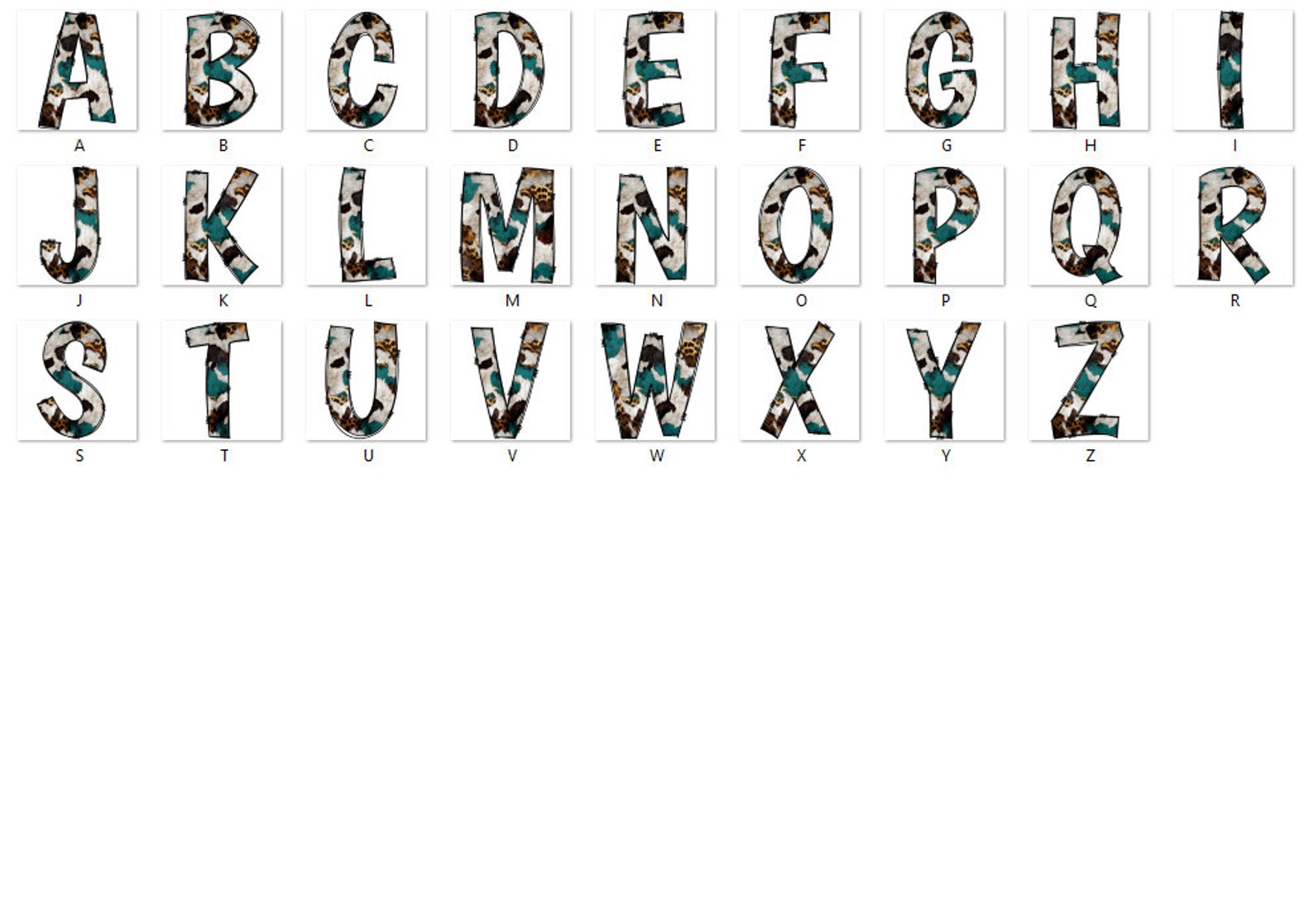 Cow Print Doodle Alphabet Clipart, Animal Pattern, Western Turquoise ...