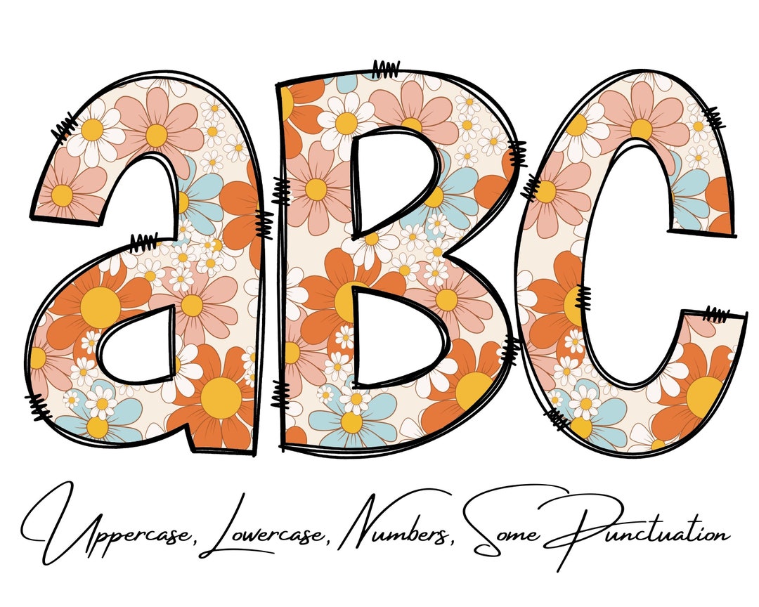 Retro Doodle Alphabet Clipart, PNG Design, Instant Download, Flower ...
