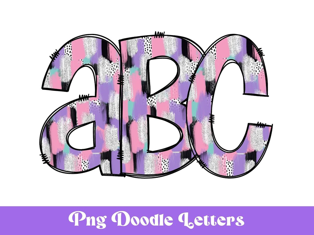 Purple Pink and Teal Glitter Brush Strokes Doodle Alphabet, Sublimation ...