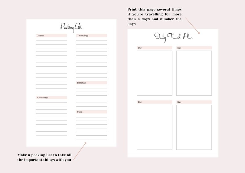 Travel Planner Kit Printable Trip Planner Packing Checklist - Etsy