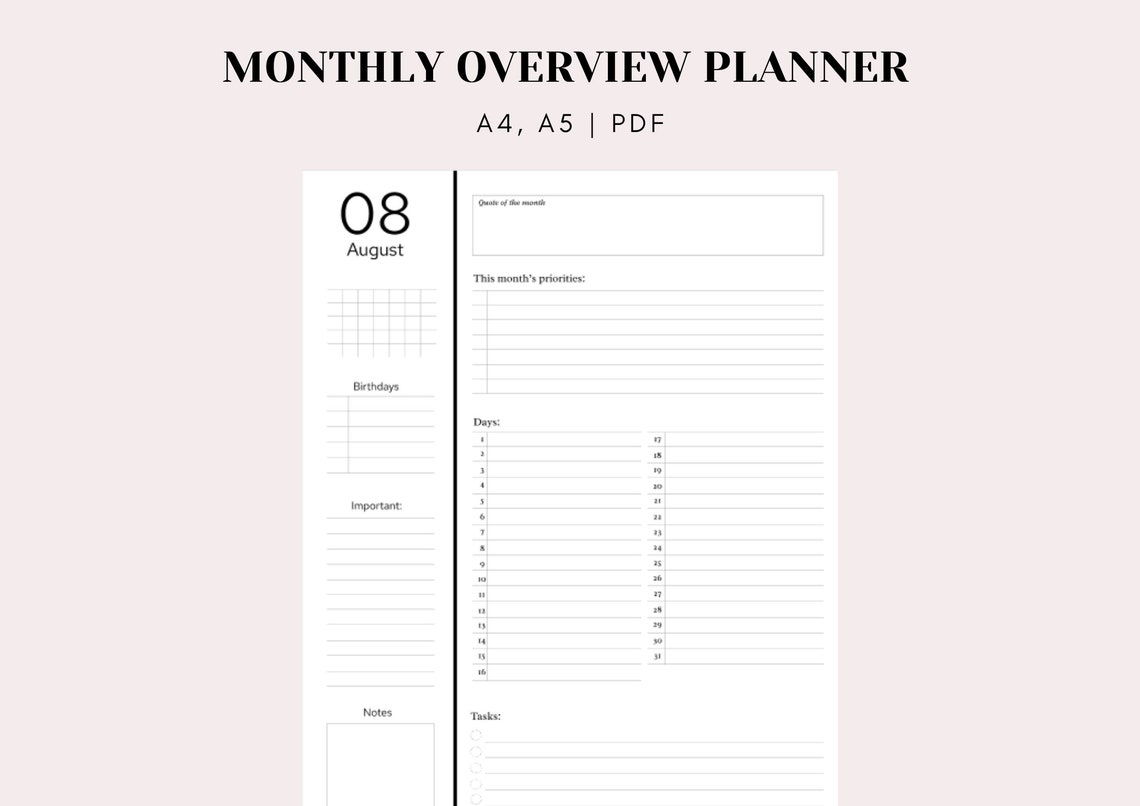 Monthly Overview Month at a Glance Month on 1 Page A4 A5 - Etsy UK