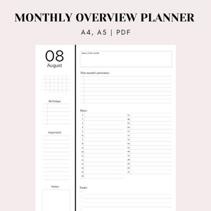 Monthly Overview Month at a Glance Month on 1 Page A4 A5 - Etsy