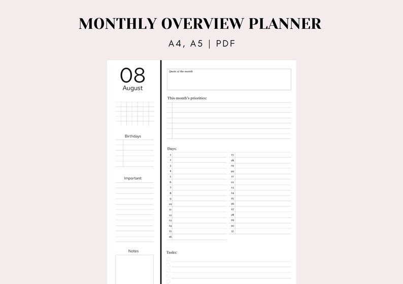 Monthly Overview Month at a Glance Month on 1 Page A4 A5 - Etsy