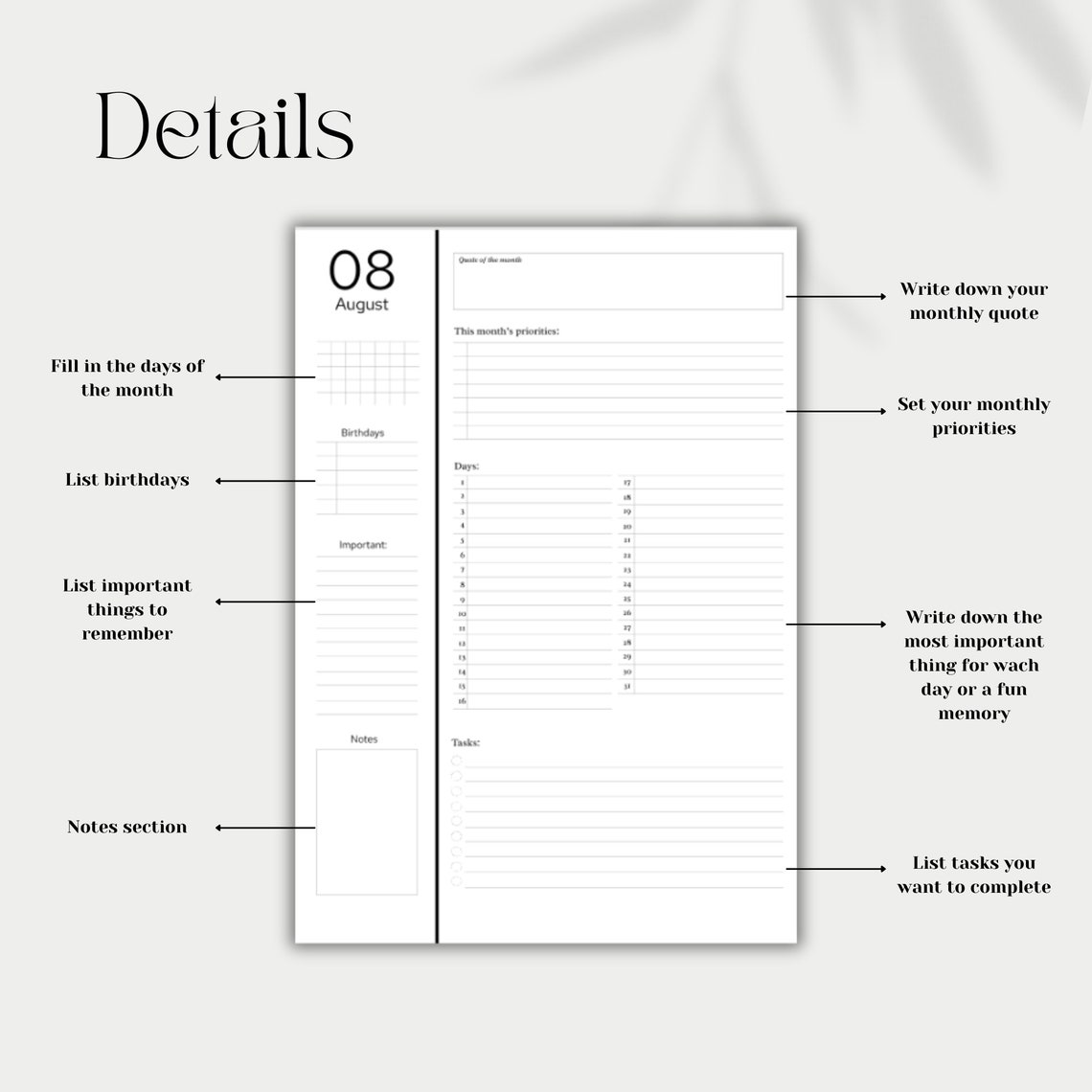 Monthly Overview, Month at a Glance, Month on 1 Page, Printable Planner ...