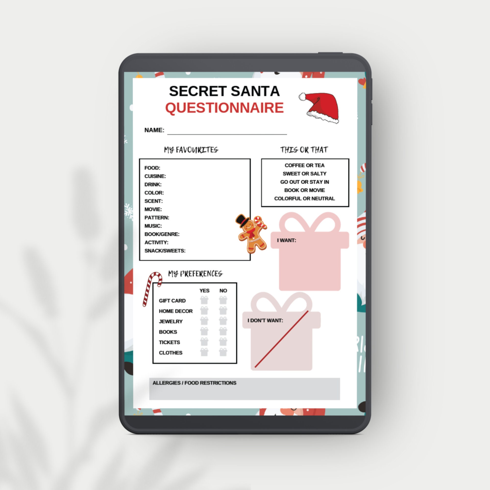 Secret Santa Questionnaire, Fillable Form, Exchanging Holiday Gifts ...