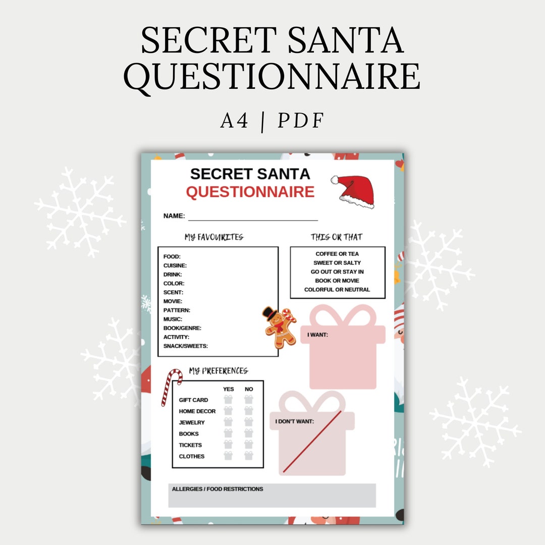 Secret Santa Questionnaire, Fillable Form, Exchanging Holiday Gifts ...