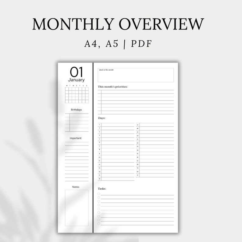 Monthly Overview, Month at a Glance, Month on 1 Page, Printable Planner ...