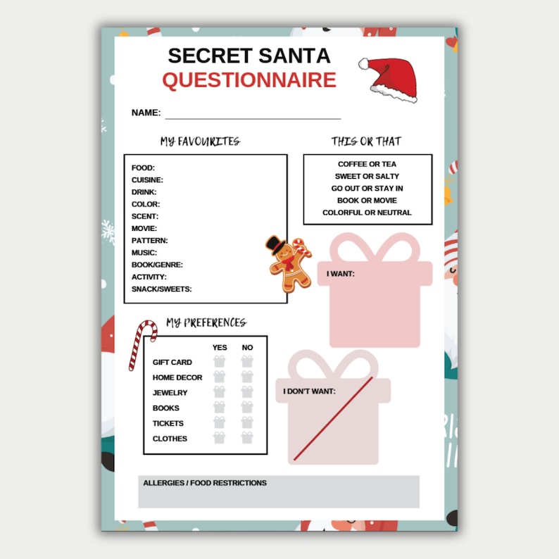 Secret Santa Questionnaire, Fillable Form, Exchanging Holiday Gifts ...