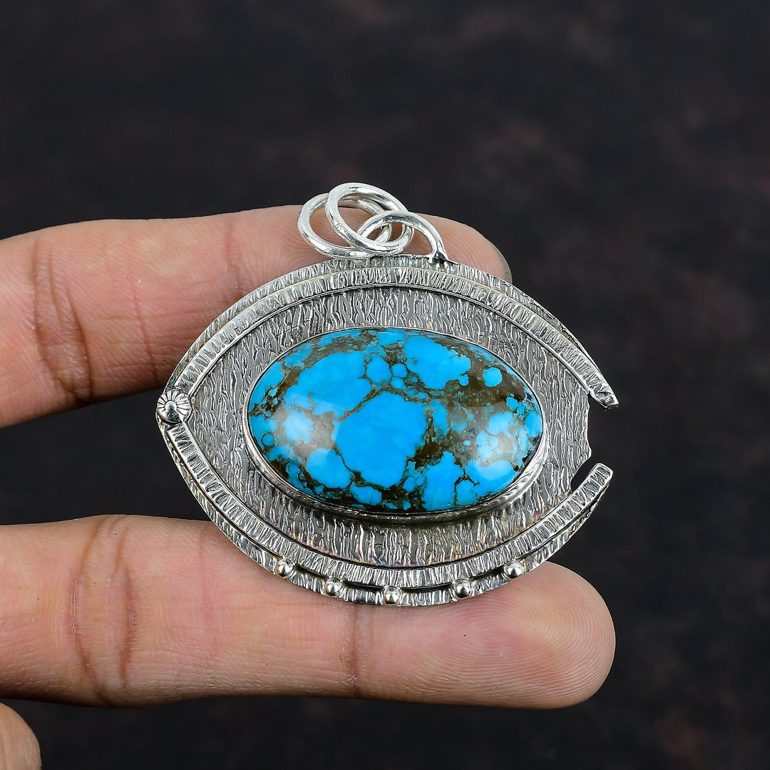 Tibetan Turquoise Pendant Genuine Gemstone Pendant 925 Sterling Silver ...
