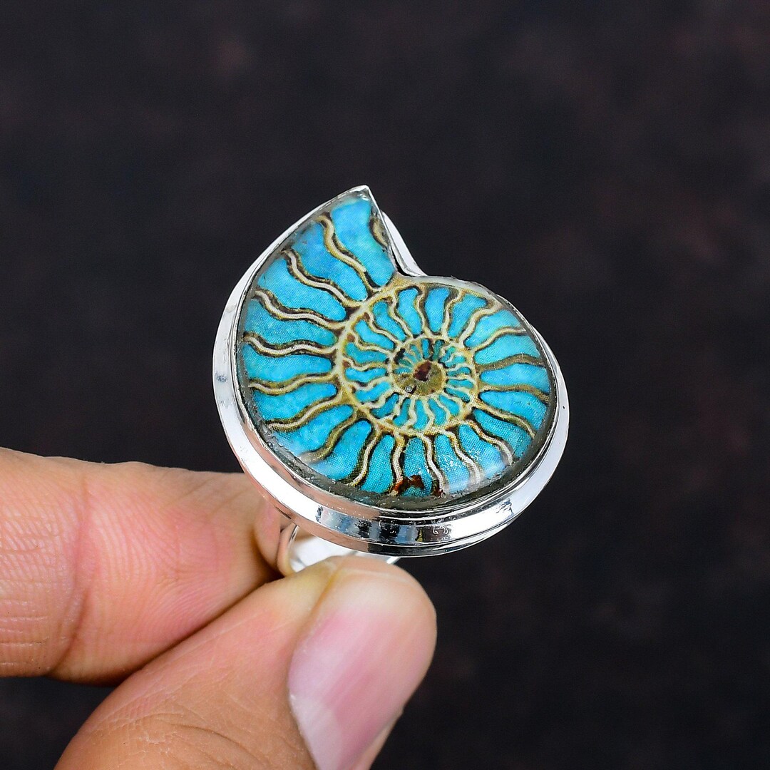Blue Turquoise Ammonite Fossil Ring, Adjustable Sterling Silver - Etsy